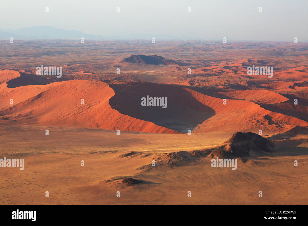 Aerial view of Namibia sand dunes seen from above, Sossusvlei, Namib Desert, Namib Naukluft ...