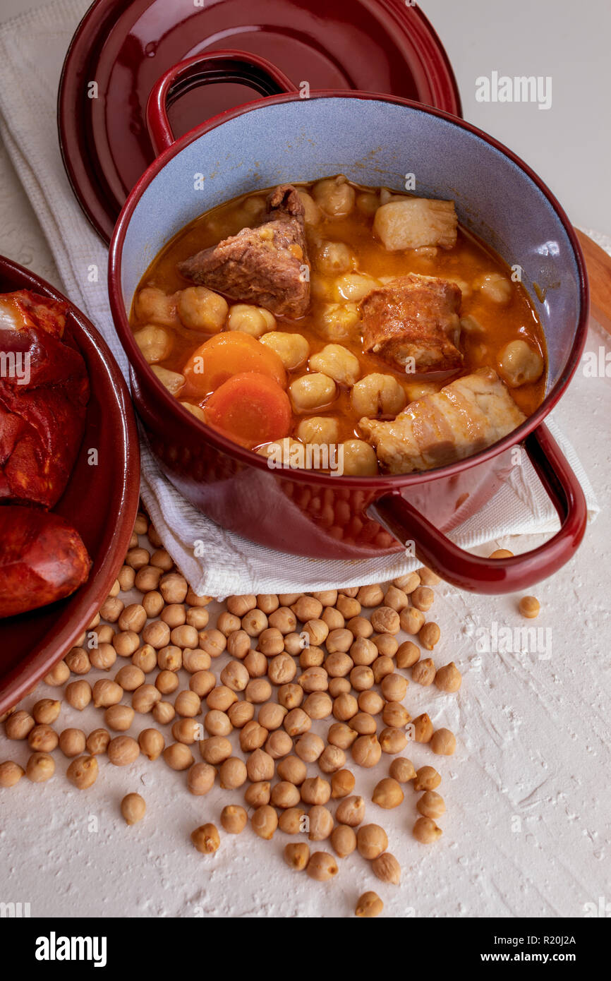 Homemade chickpea stew Madrid stew of chickpeas, meat and vegetables ...