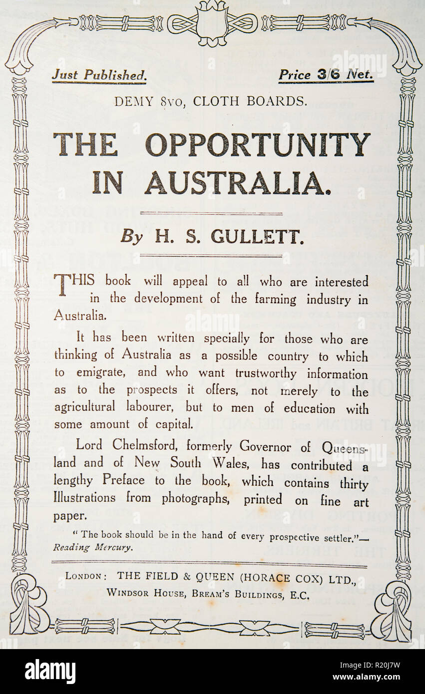 Advert for a book The Opportunity in Australia covering farming and ...