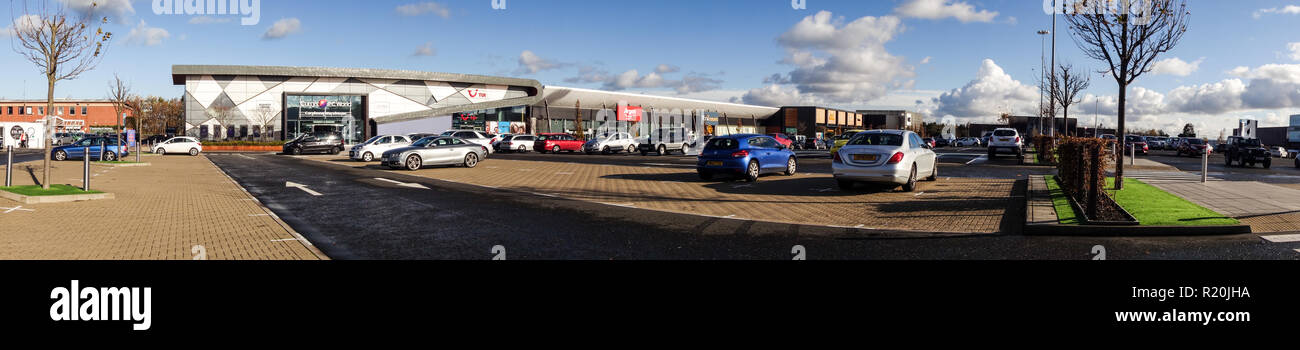 Panoramic view of shops at retail park, Fort Kinnaird, Edinburgh Stock ...