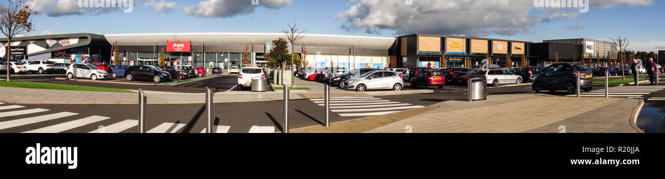 Panoramic view of shops and car parks at retail park, Fort Kinnaird ...