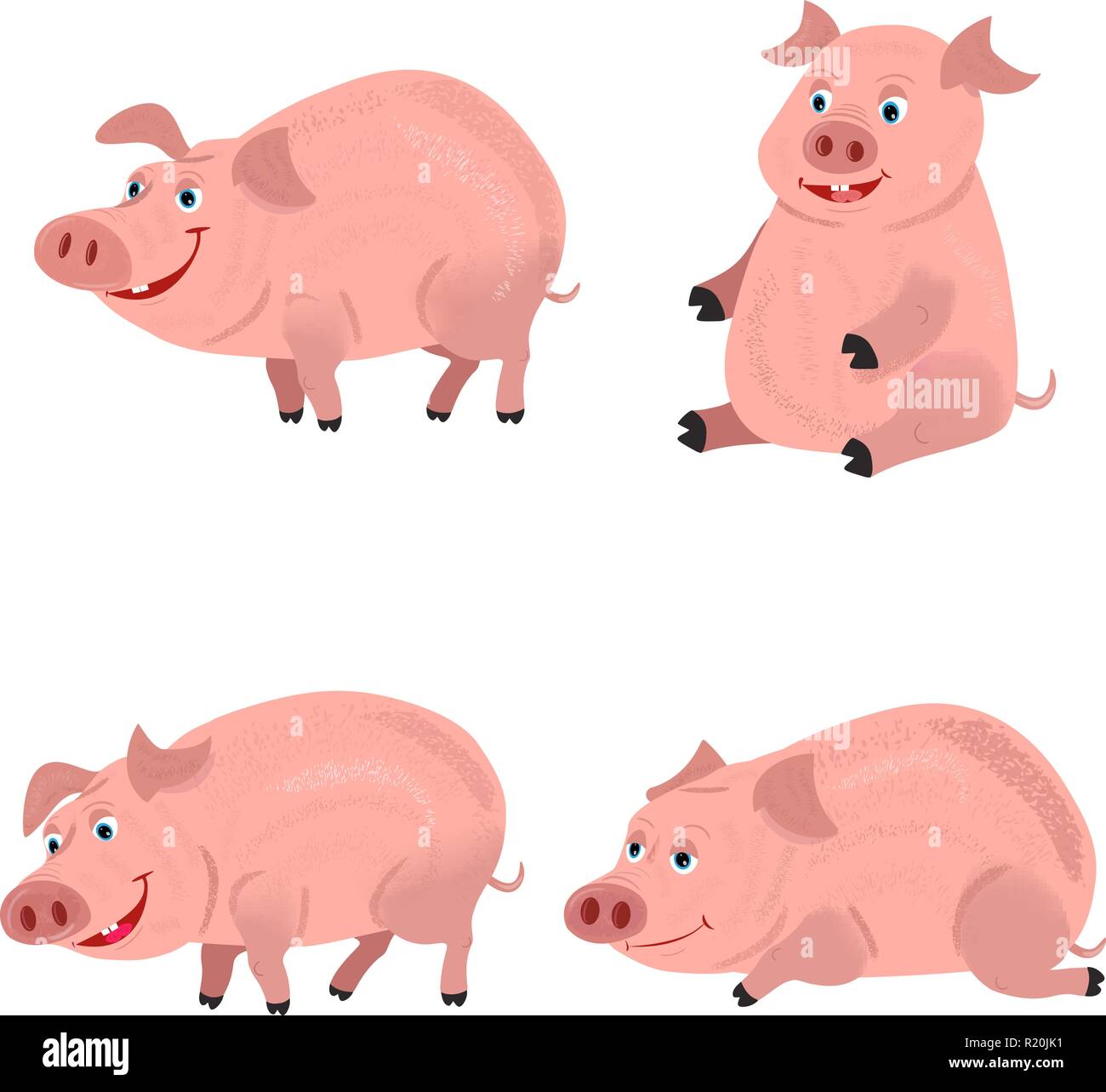 Cute smiling pigs playing in mud. Vector farm animal character set ...