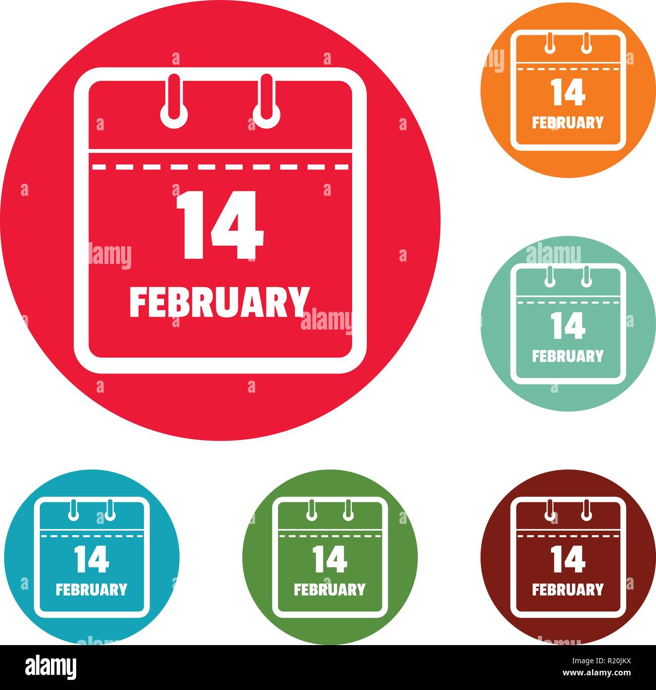 Calendar fourteenth february icons circle set vector isolated on white ...