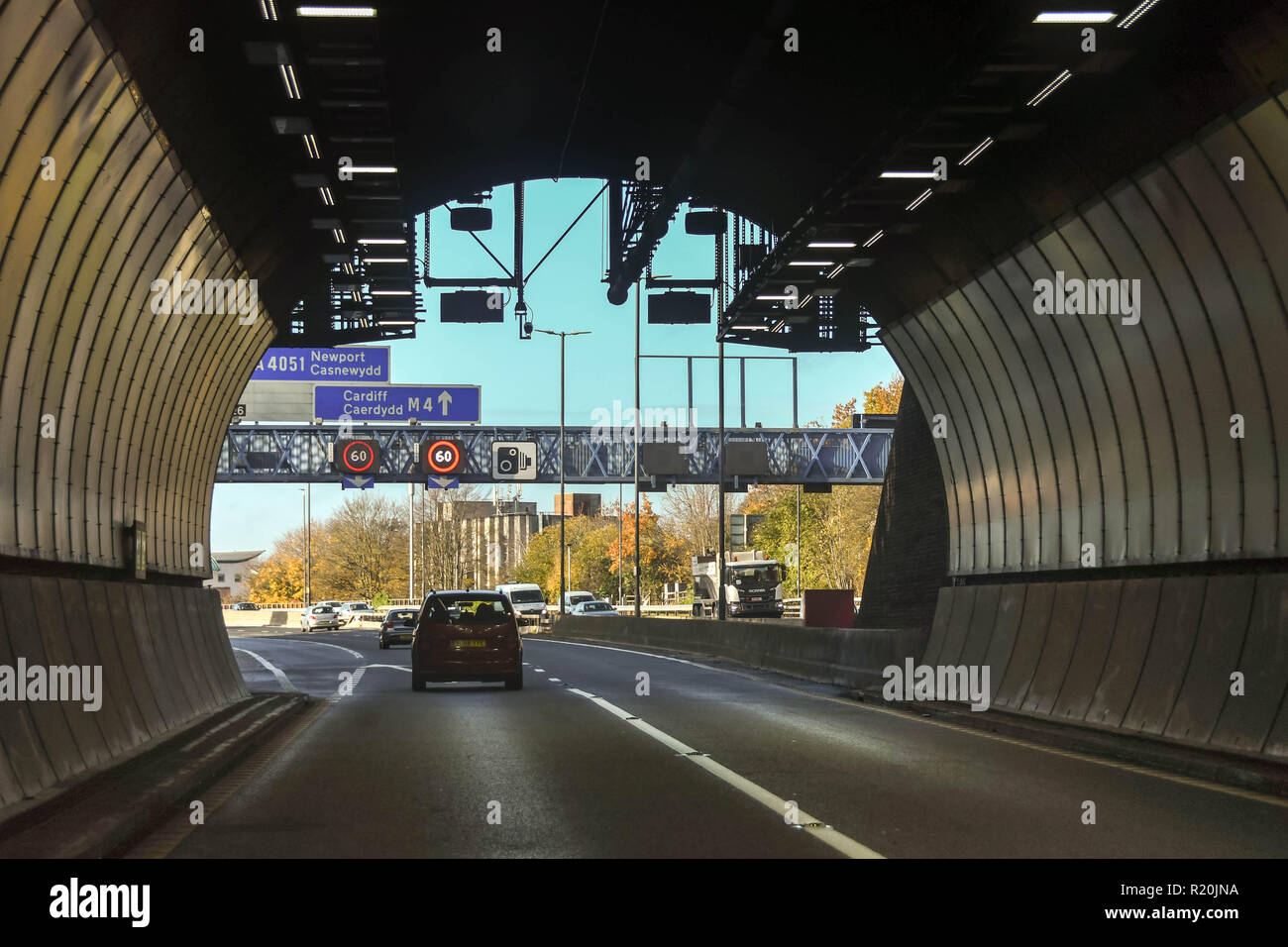 NEWPORT, WALES - NOVEMBER 2018: Vehicle exiting the Brynglas Tunnels on ...