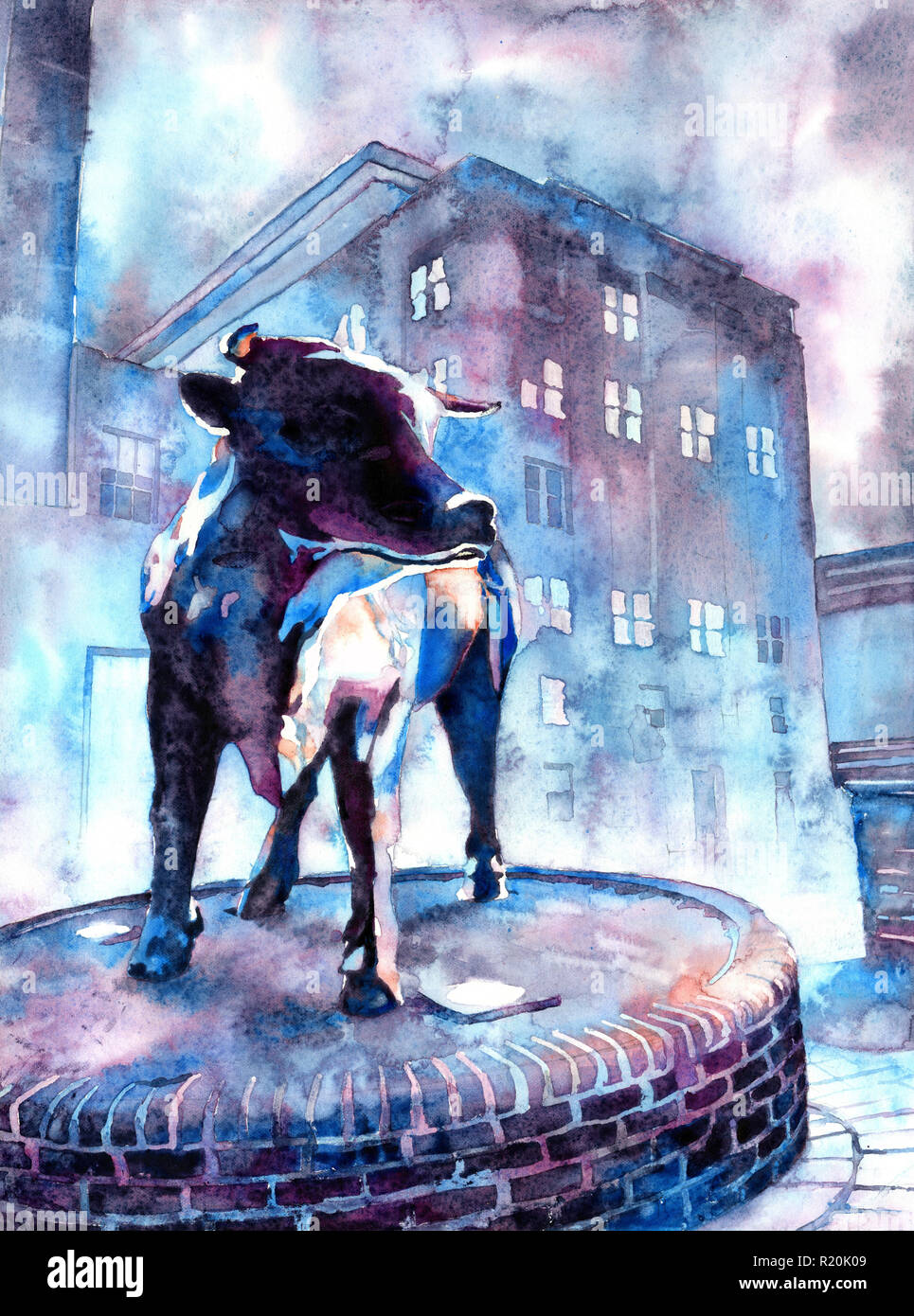 Durham Bull bronze statue in downtown Durham, NC at dusk. Fine art ...