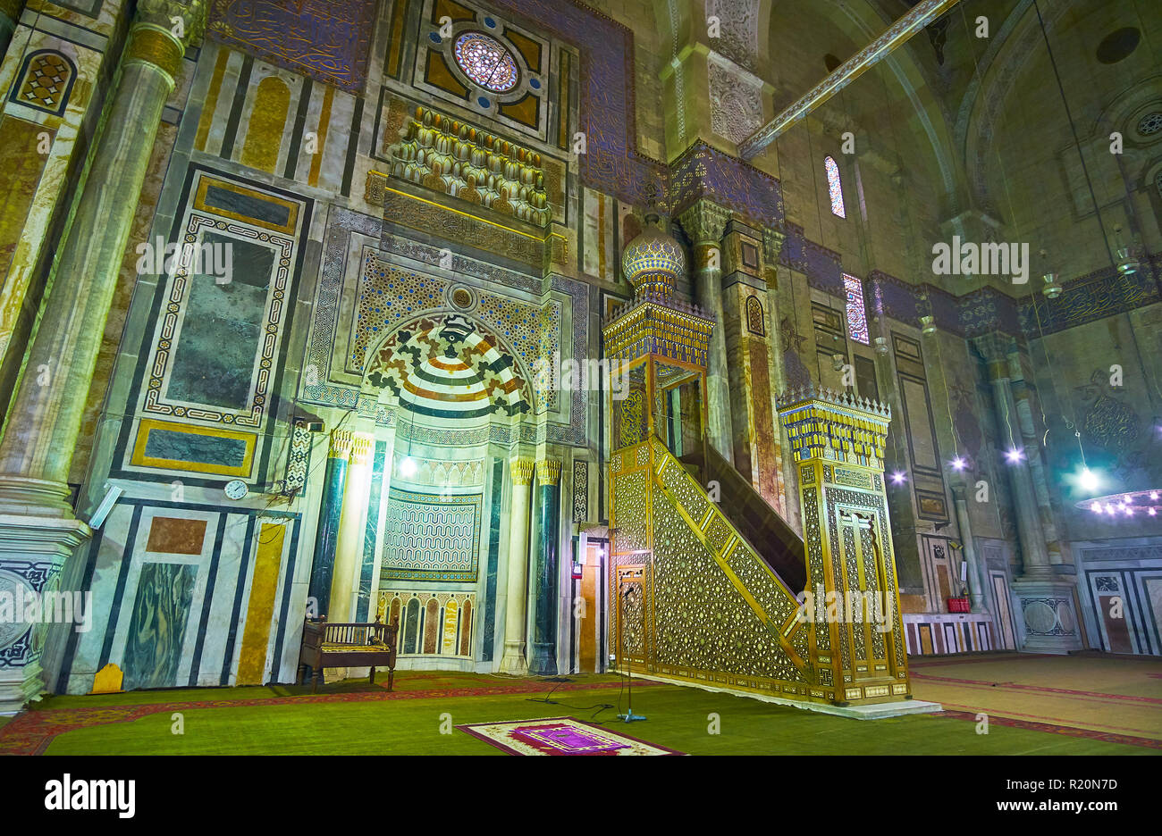CAIRO, EGYPT - DECEMBER 21, 2017: The complex wooden minbar of Al-Rifai ...