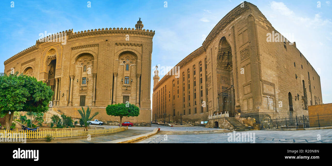 Panorama of Al-Rifai (Royal) and Sultan Hassan mosques with dark stone ...