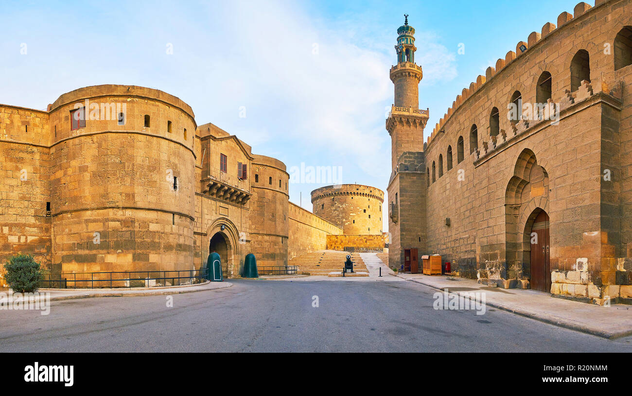 Panorama with huge stone gate of Military Museum, old circle watchtower ...