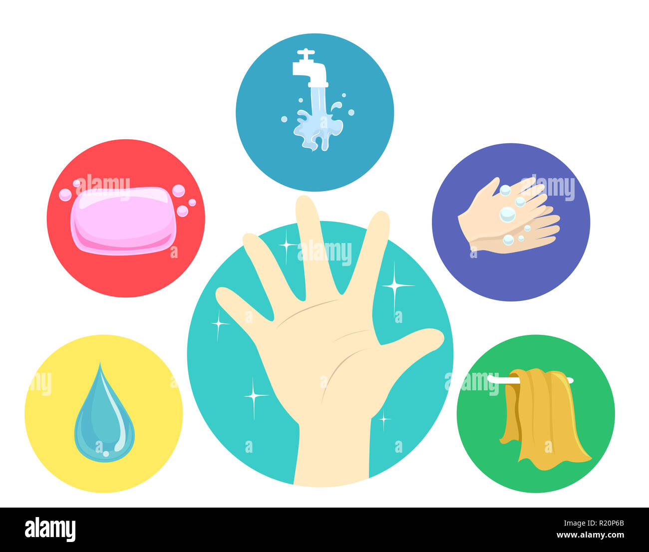 Illustration of a Hand with Hand Washing Steps from Water, Soap, Faucet ...