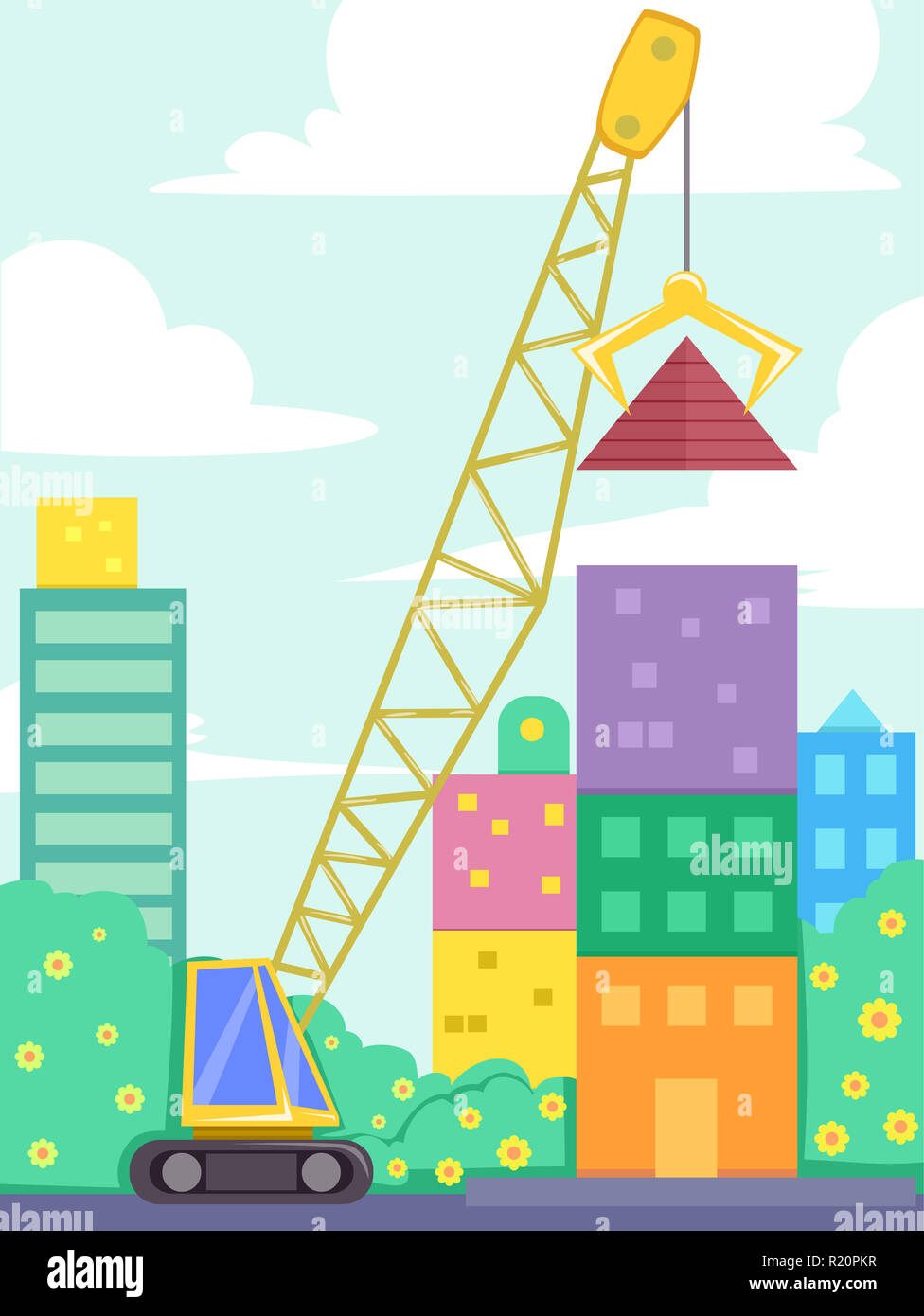 Colorful Illustration Featuring a Tall Crane Lifting a Giant Pyramid ...