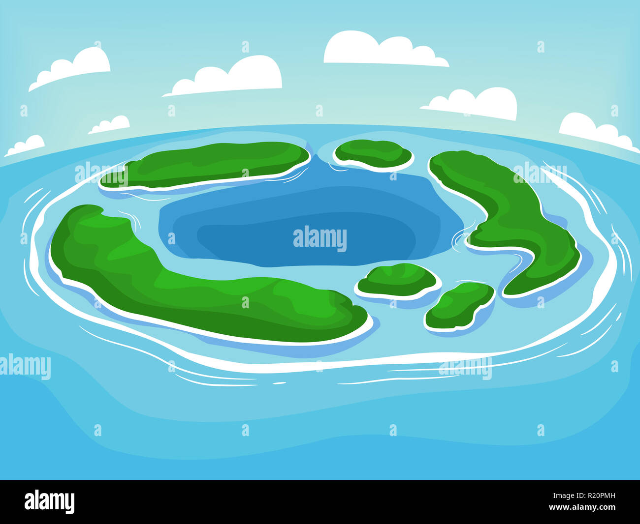 Colorful Landscape Illustration Featuring a Small Atoll in the Middle ...
