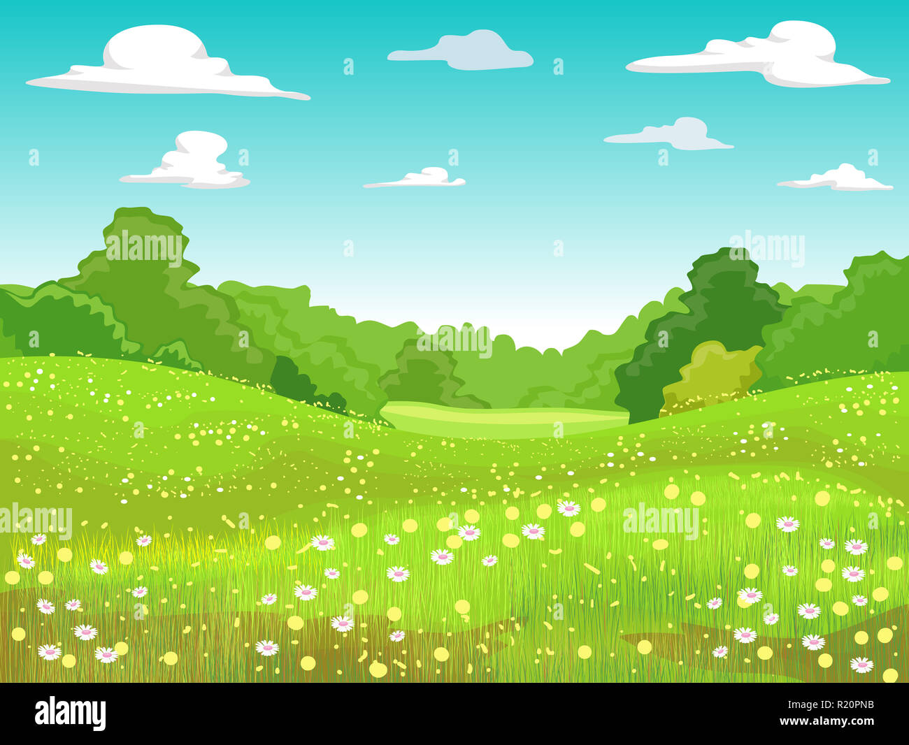 Colorful Landscape Illustration Featuring a Lovely Meadow Teeming With ...