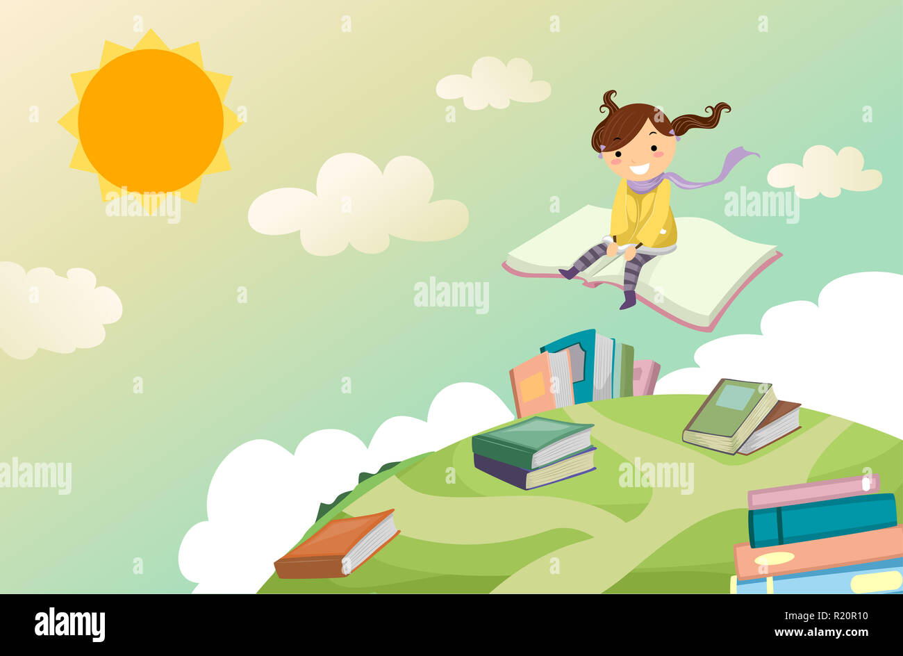 Illustration of a Stickman Kid Girl Riding a Book in the Sky Stock ...