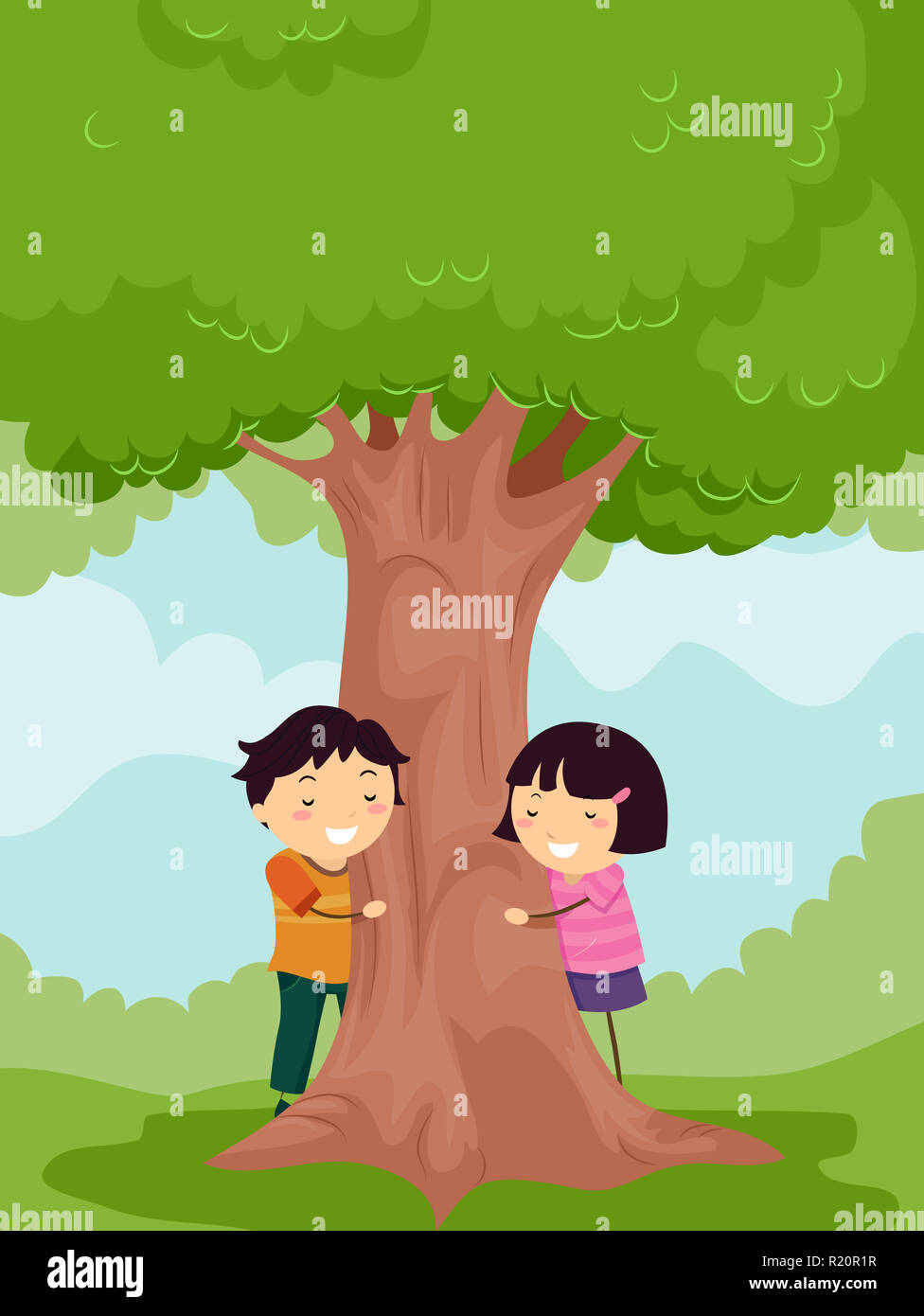Illustration of Stickman Kids Hugging a Tree as Part of Environment ...