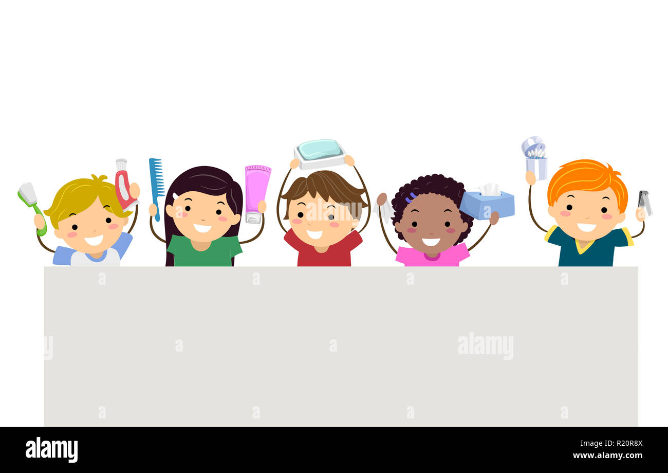 Illustration of Stickman Kids Holding Toothbrush, Toothpaste, Comb ...