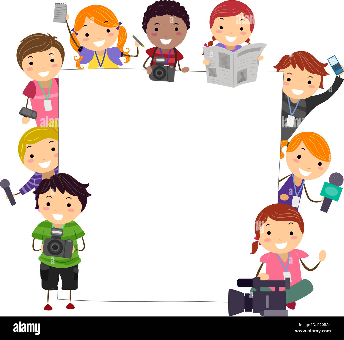 Illustration of Stickman Kids Holding Camera, Mic, Newspaper and Notes ...