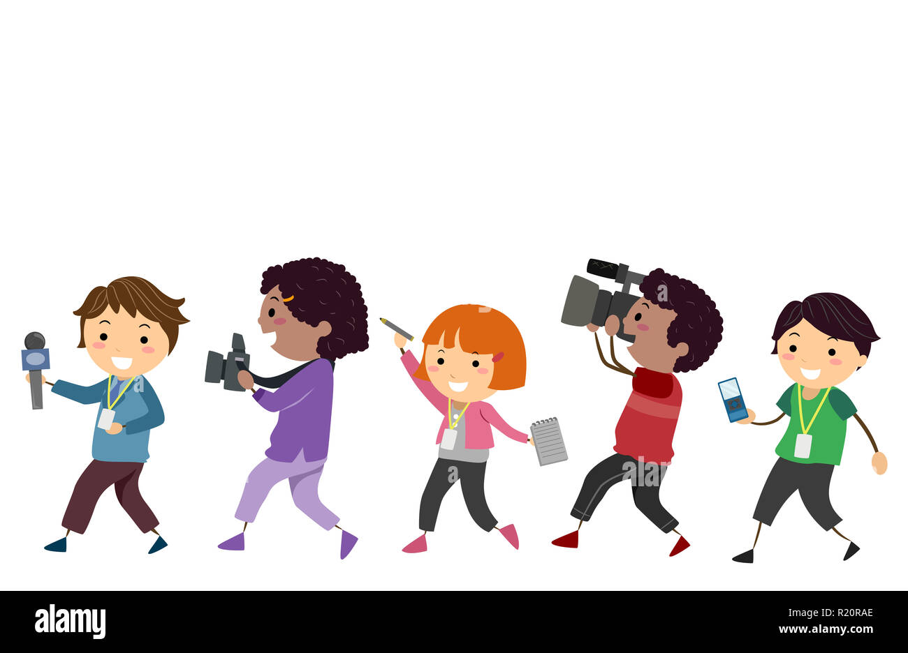 Illustration of Stickman Kids Holding a Mic, Camera, Notebook, Video ...