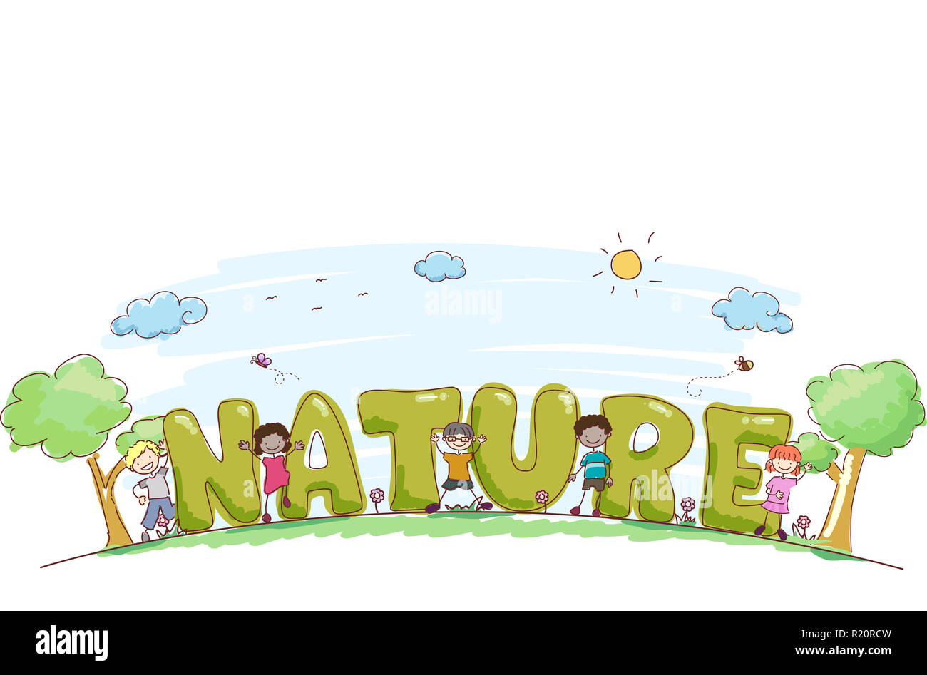 Illustration of Stickman Kids Outdoors with Nature Lettering Stock ...