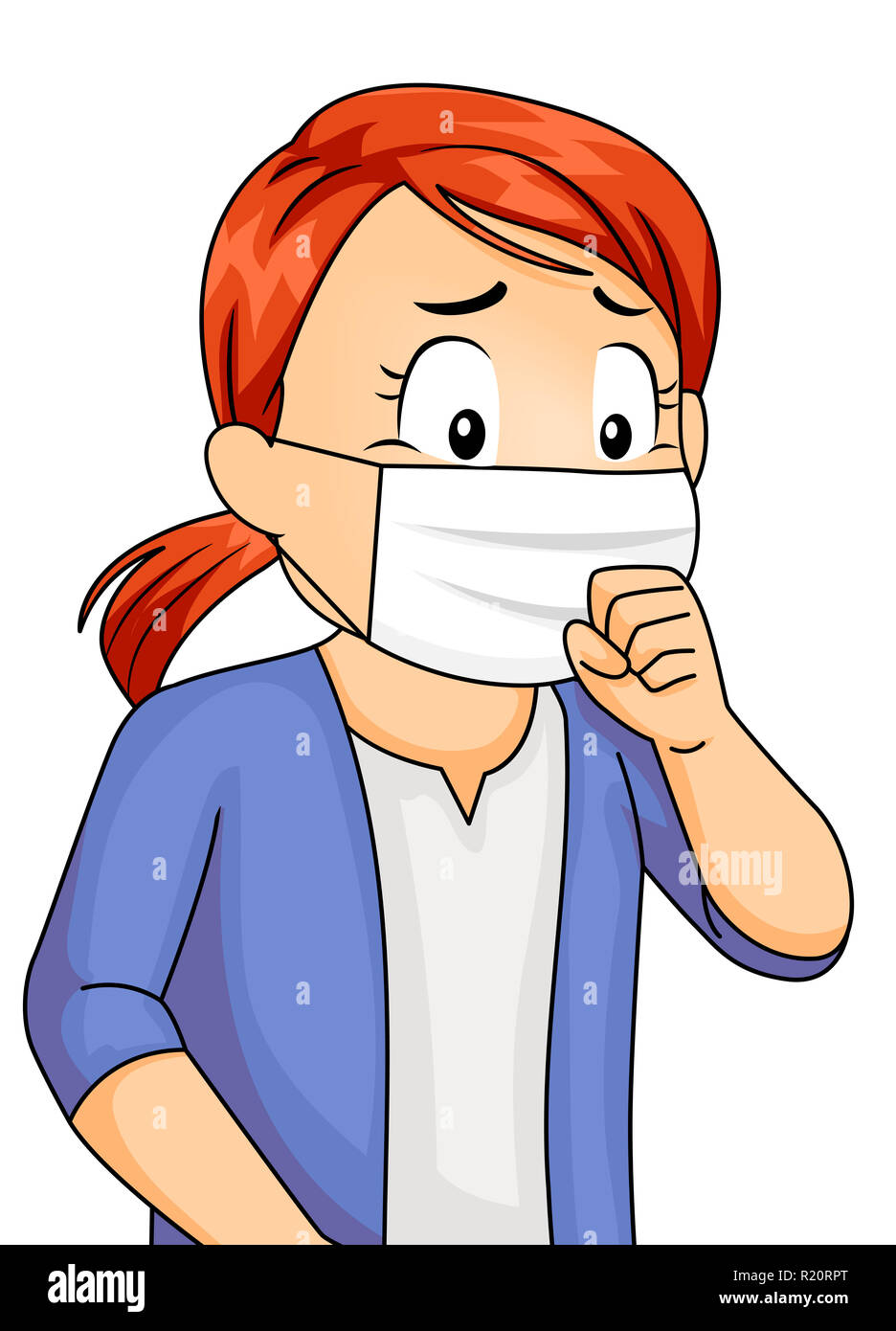 Illustration of a Kid Girl Wearing a Mouth Mask While Coughing Stock ...