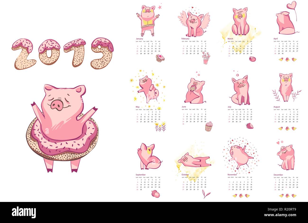 Monthly creative calendar 2019 with cute pig. Concept, vector vertical ...