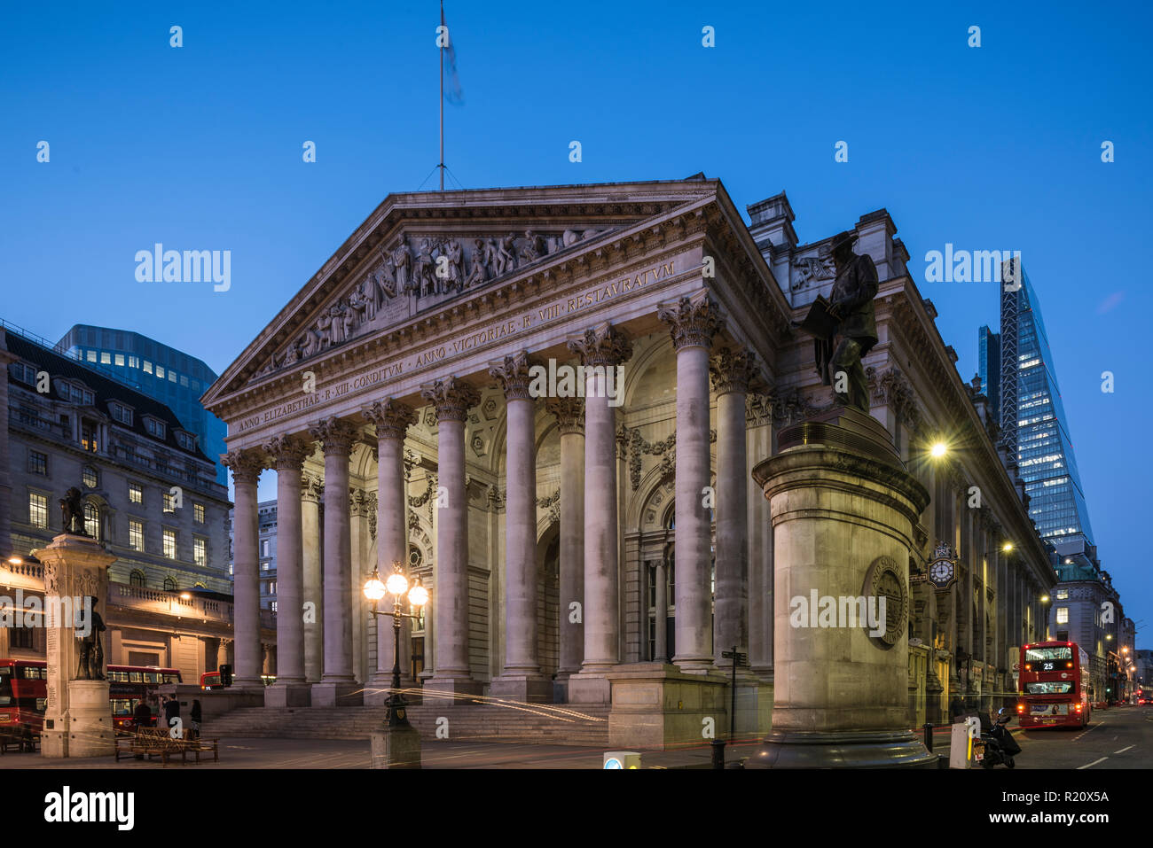 Exterior of The Royal Exchange at night, London, England, UK Stock ...