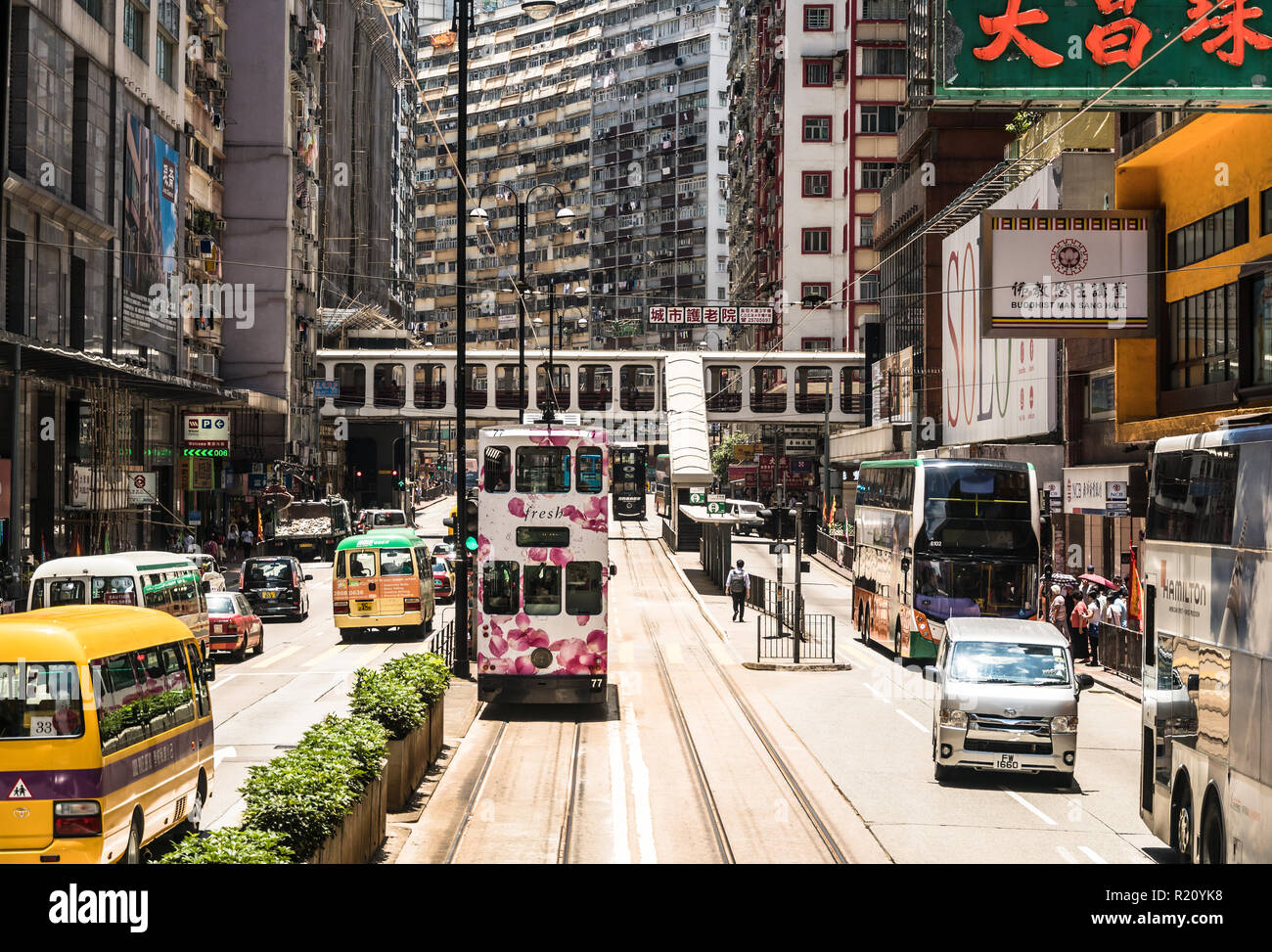 Hong Kong, China - May 16 2018: Tram and other traffic in the streets ...