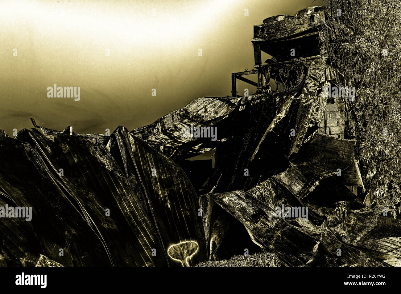 Damaged industry supermarket after arson fire with burn debris of ...