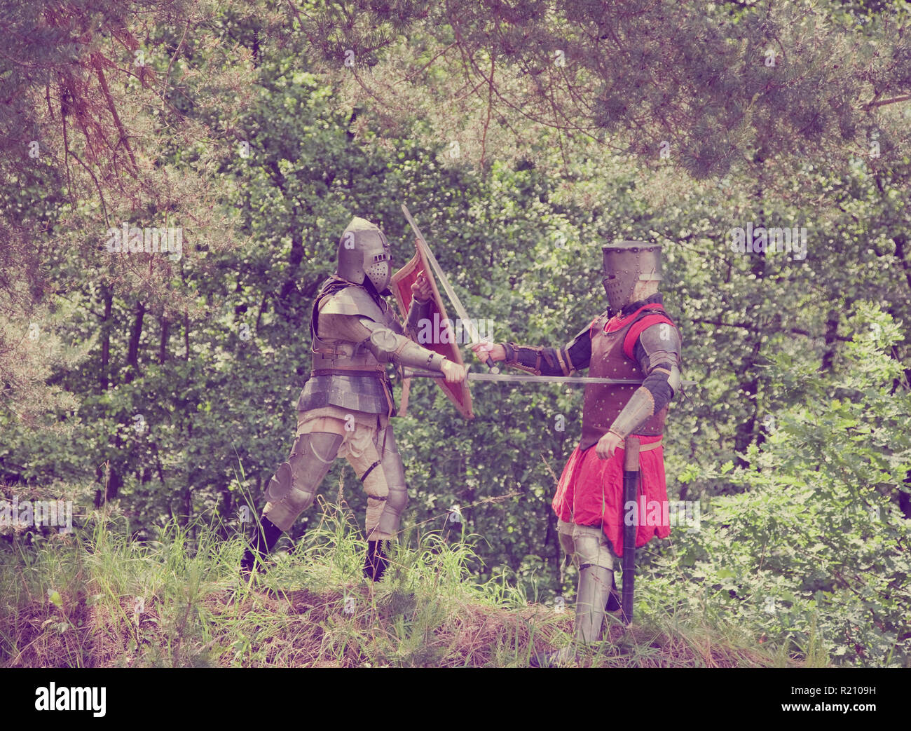 Two knights in armor is fighting at forest Stock Photo - Alamy