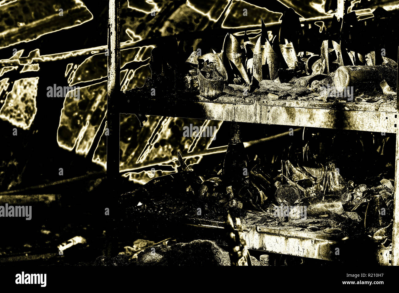 Damaged industry supermarket after arson fire with burn debris of ...