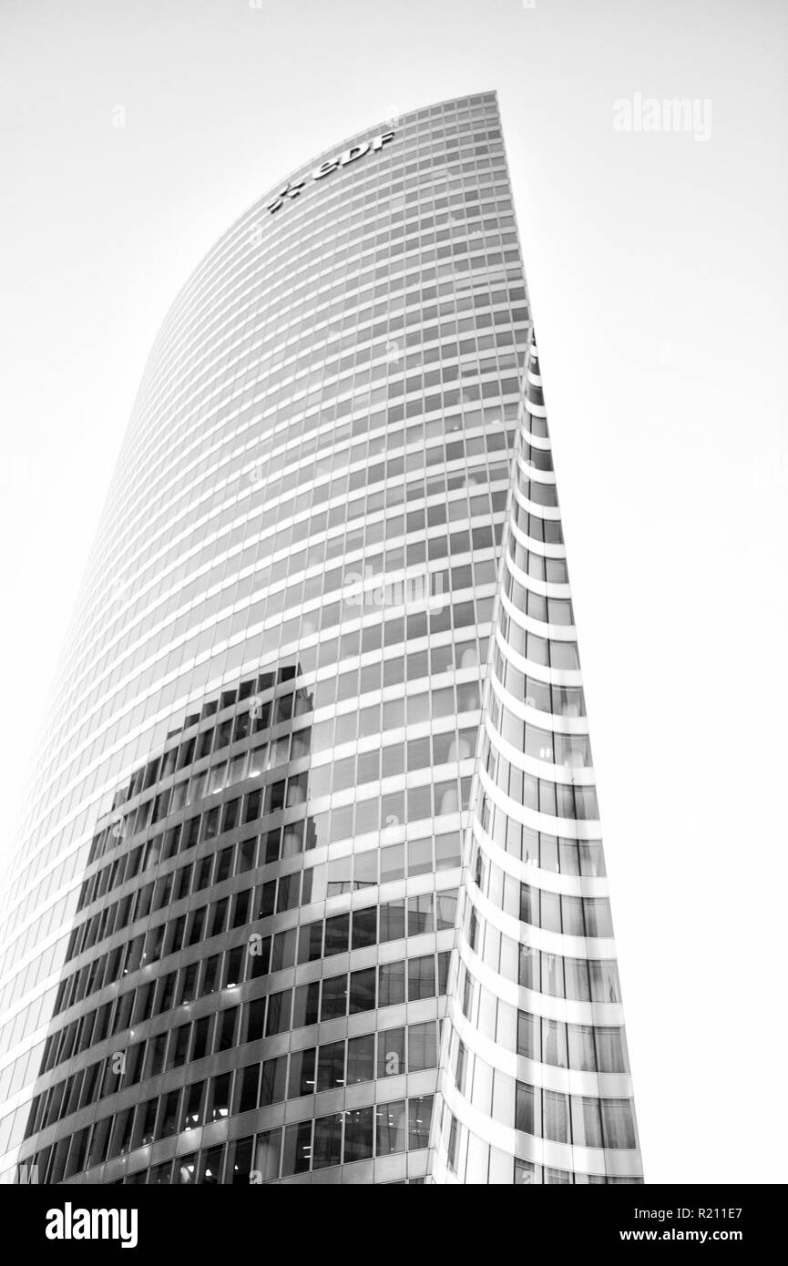 La Defense, Paris - September 20, 2017: skyscraper glass facade on blue ...
