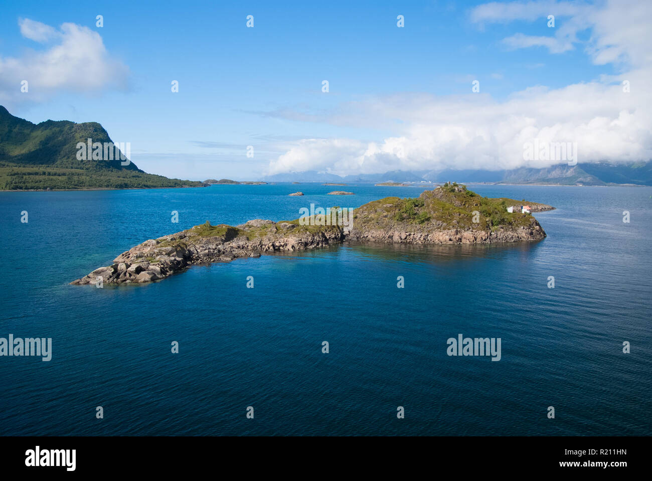 norwegian fjords. Island stony surrounded sea water in Norway. Best ...