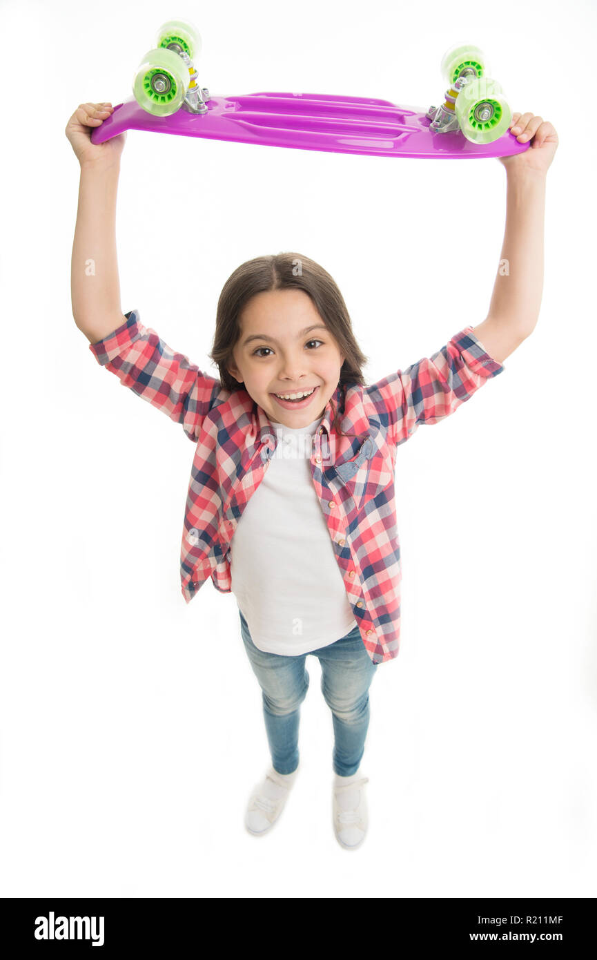 Best gift ever. Kid girl happy raising penny board. Child likes plastic ...