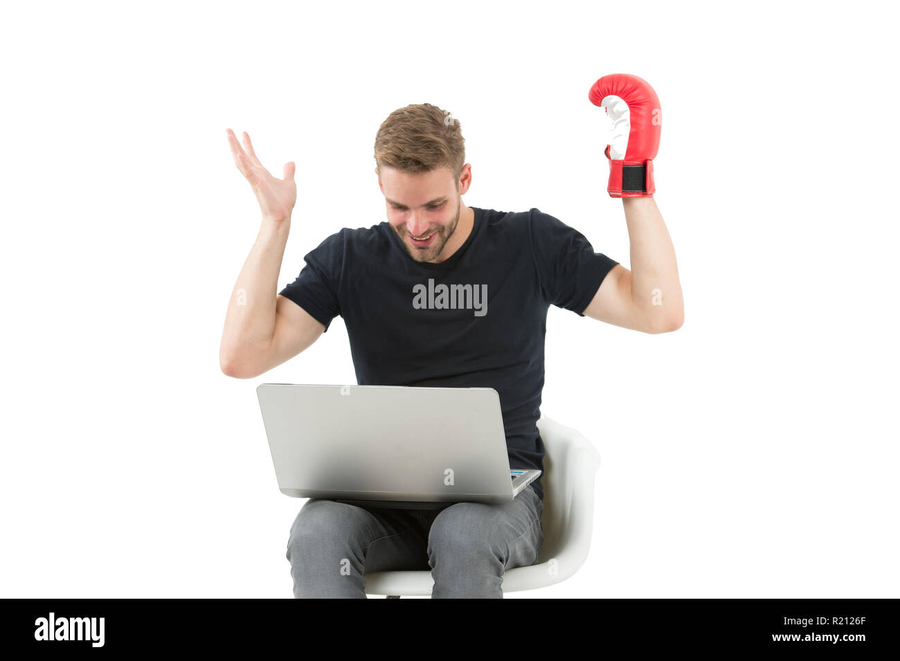 I believe in you. Man sport fan with laptop happy face watching boxing ...