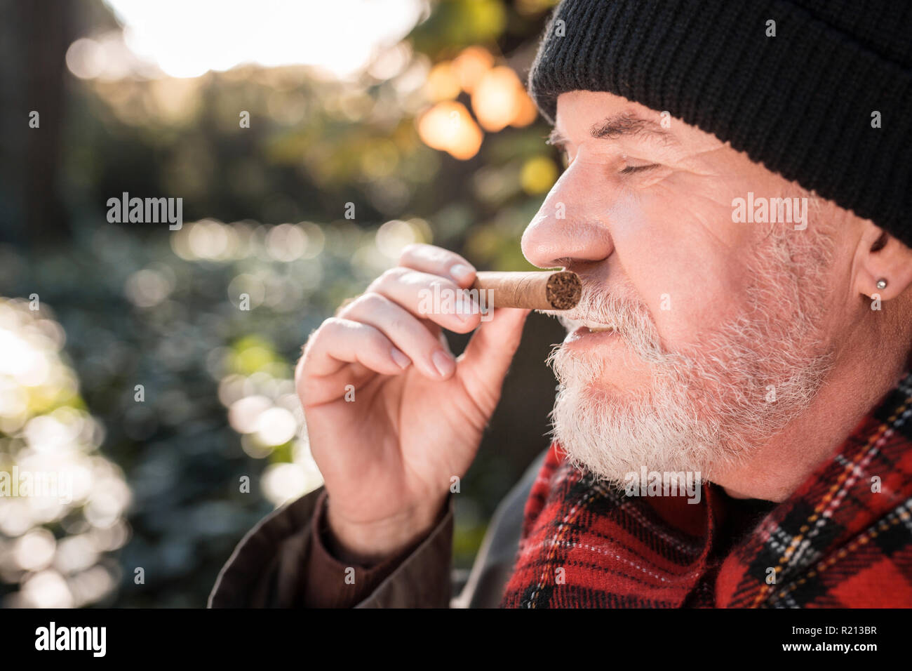 Nice pleasant man smelling a Cuban cigar Stock Photo - Alamy