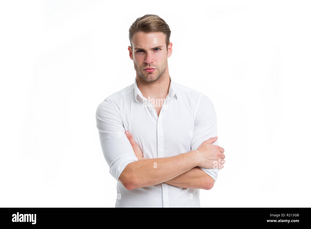 Young and confident. Man well groomed white elegant shirt isolated ...