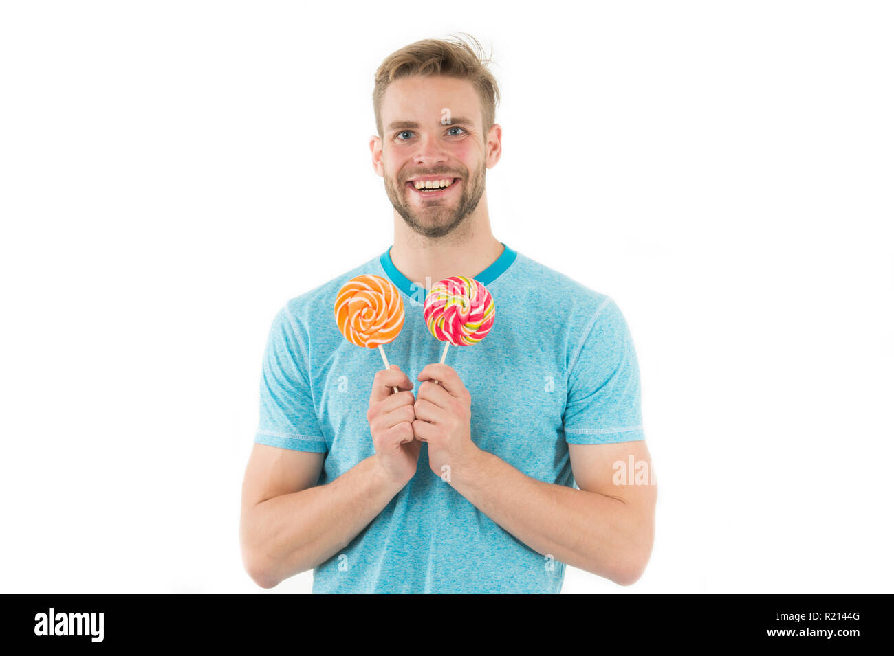 lollipop. happy man with lollipop isolated on white. lollipop in hand ...