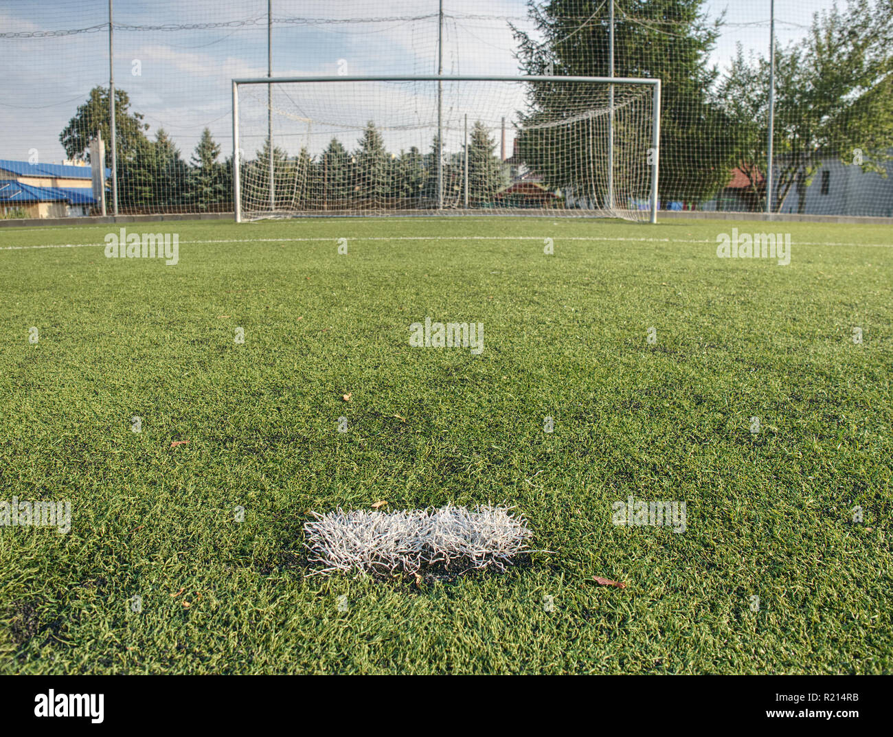 Frame of football gate, white gate net on background of a green ...