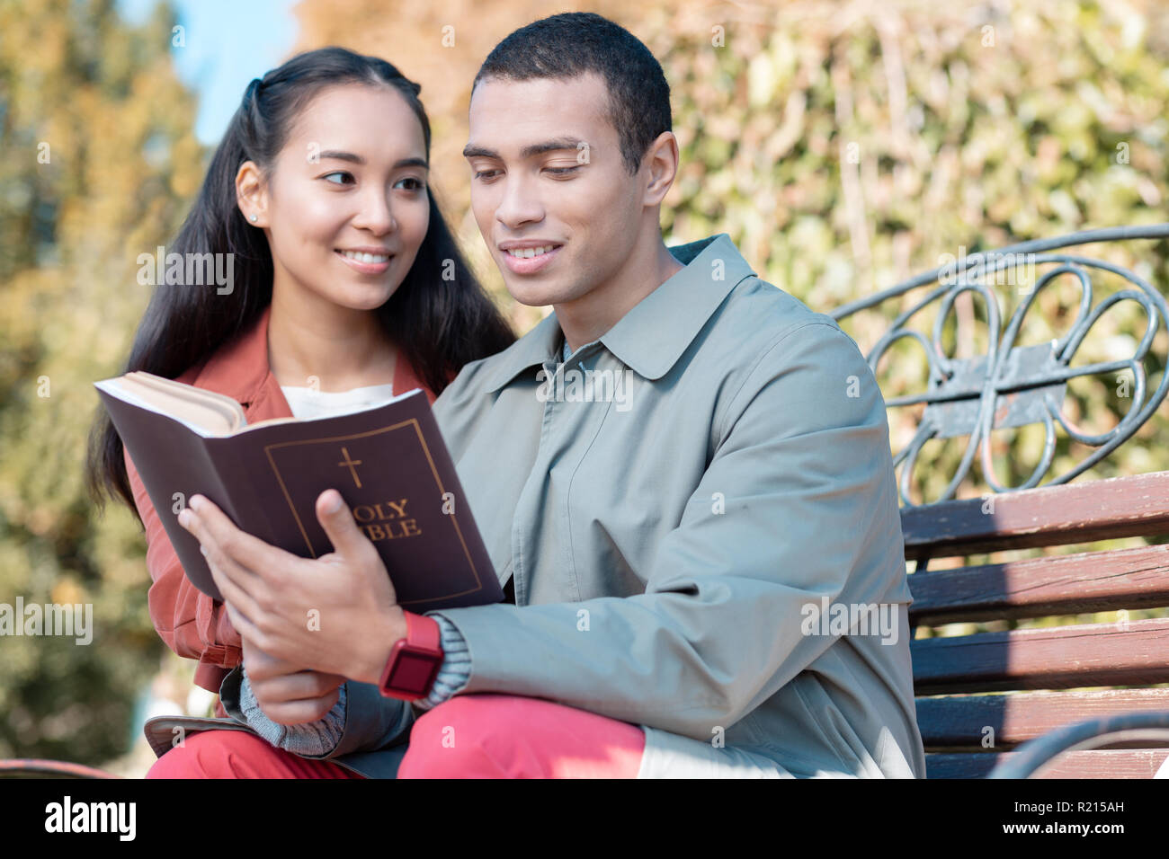 Amazing brunette female person looking at her partner Stock Photo - Alamy