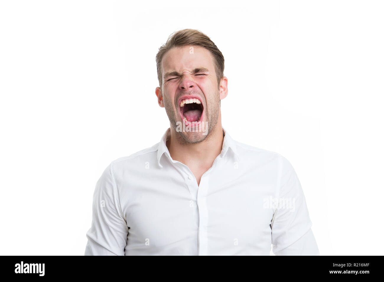 Emotional explosion. Man shouting face formal shirt white background ...