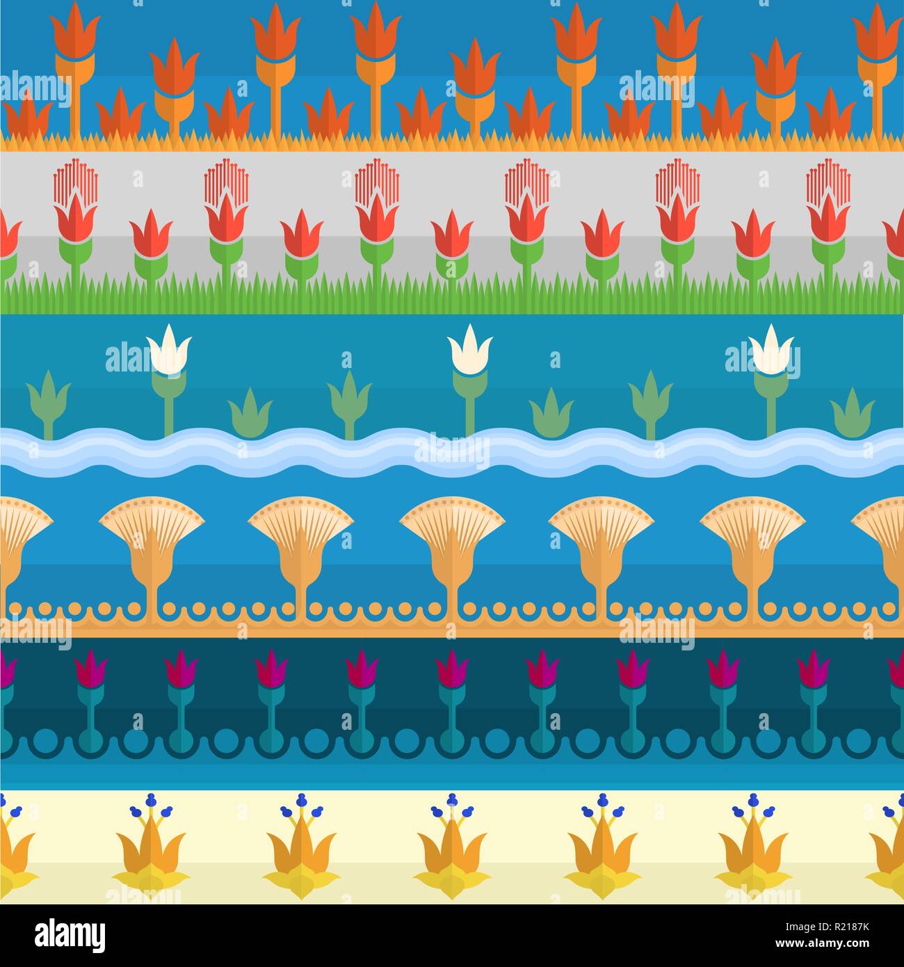 Colorful set with six seamless borders of flowers in egyptian style ...