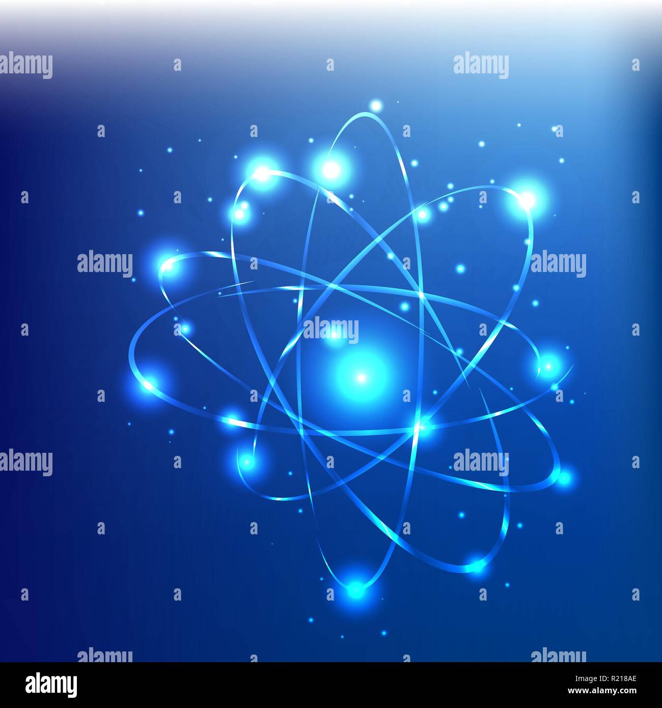 Abstract lightning neon atoms on blue background glow in the dark Stock ...