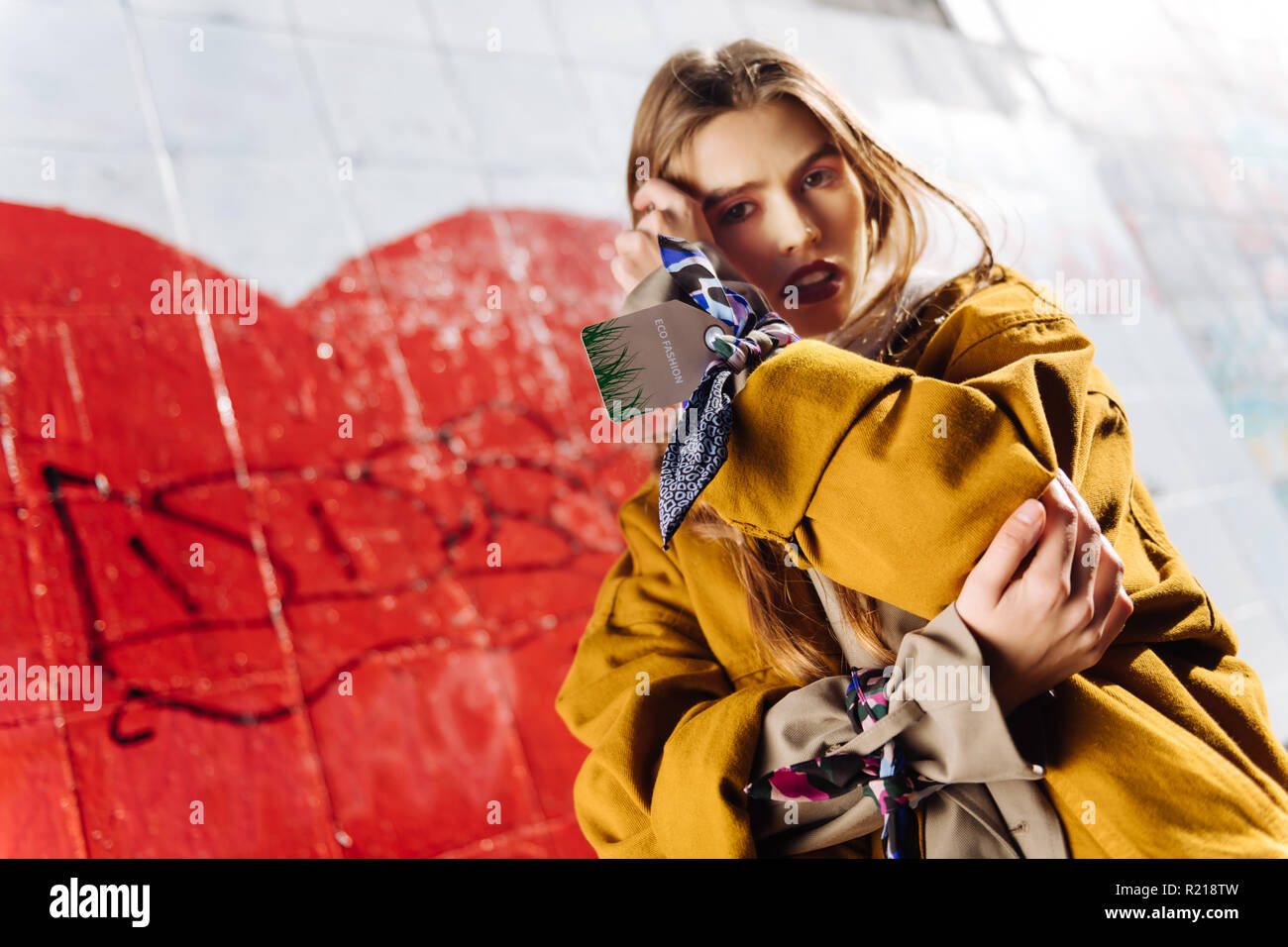 Famous appealing photo model with bright lips promoting eco fashion ...