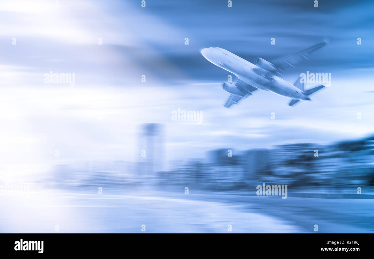 Airplane soaring high in colorful background with various buildings ...