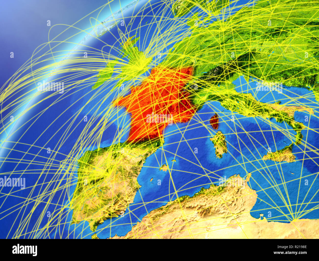 France on model of planet Earth with international networks. Concept of ...