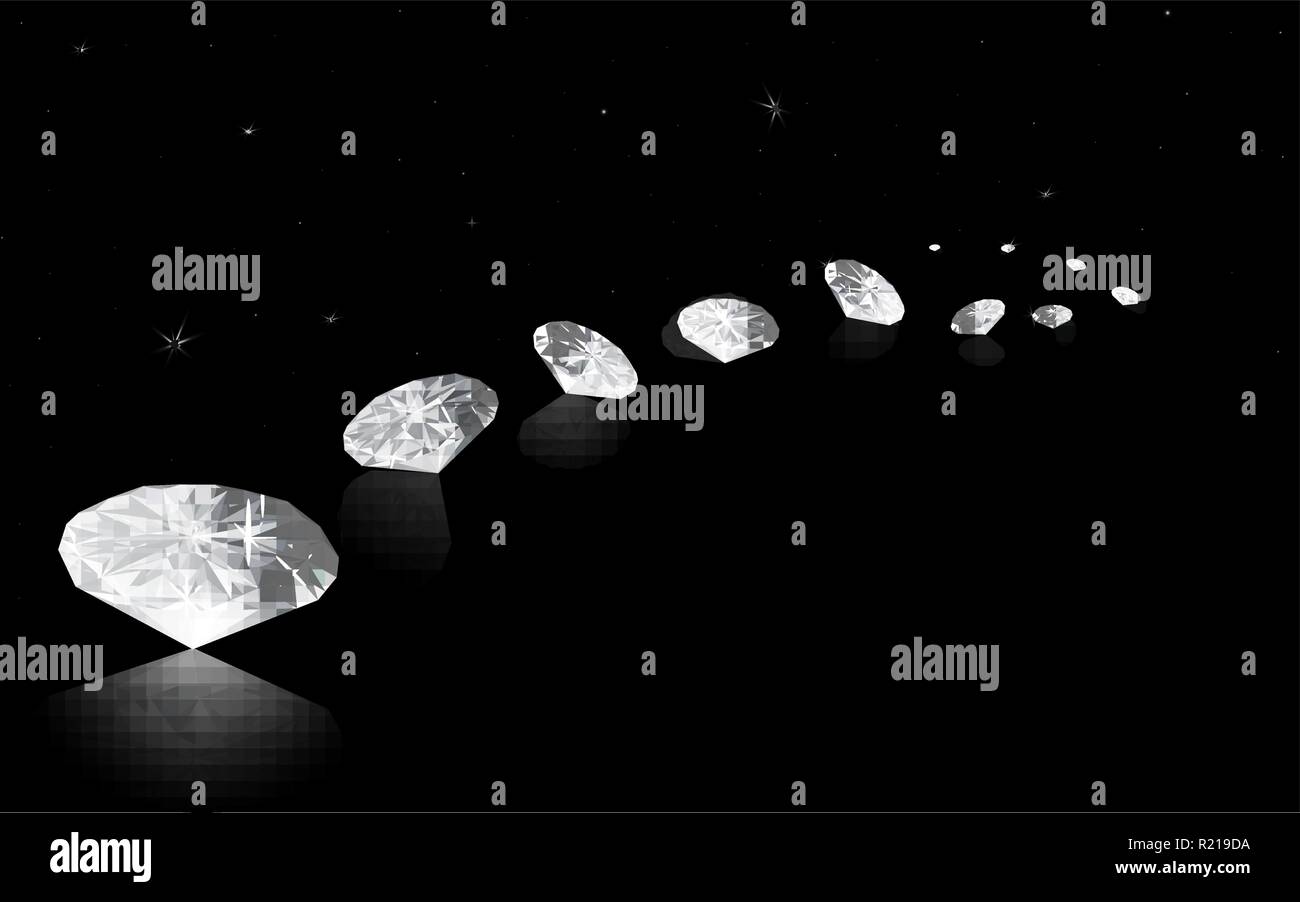 Diamonds on black color mirrored background with reflections, vector ...