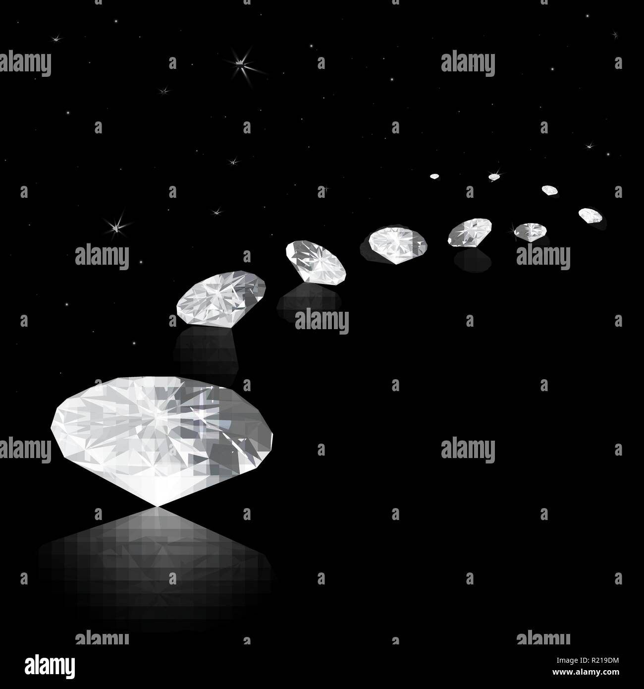 Diamonds on black color mirrored background with reflections, vector ...