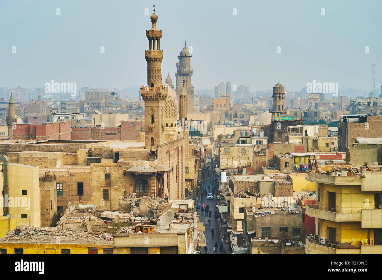 Aerial view of Al-Muizz street of Islamic Cairo with mosques, palaces ...