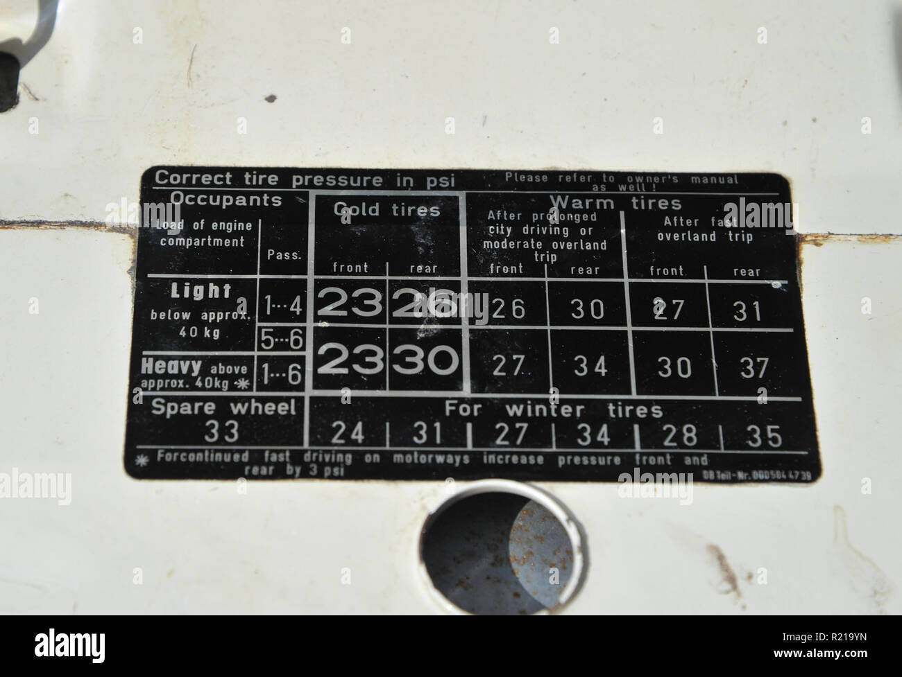 tyre pressure tag on a 1964 Mercedes Benz 220 SE convertible classic ...