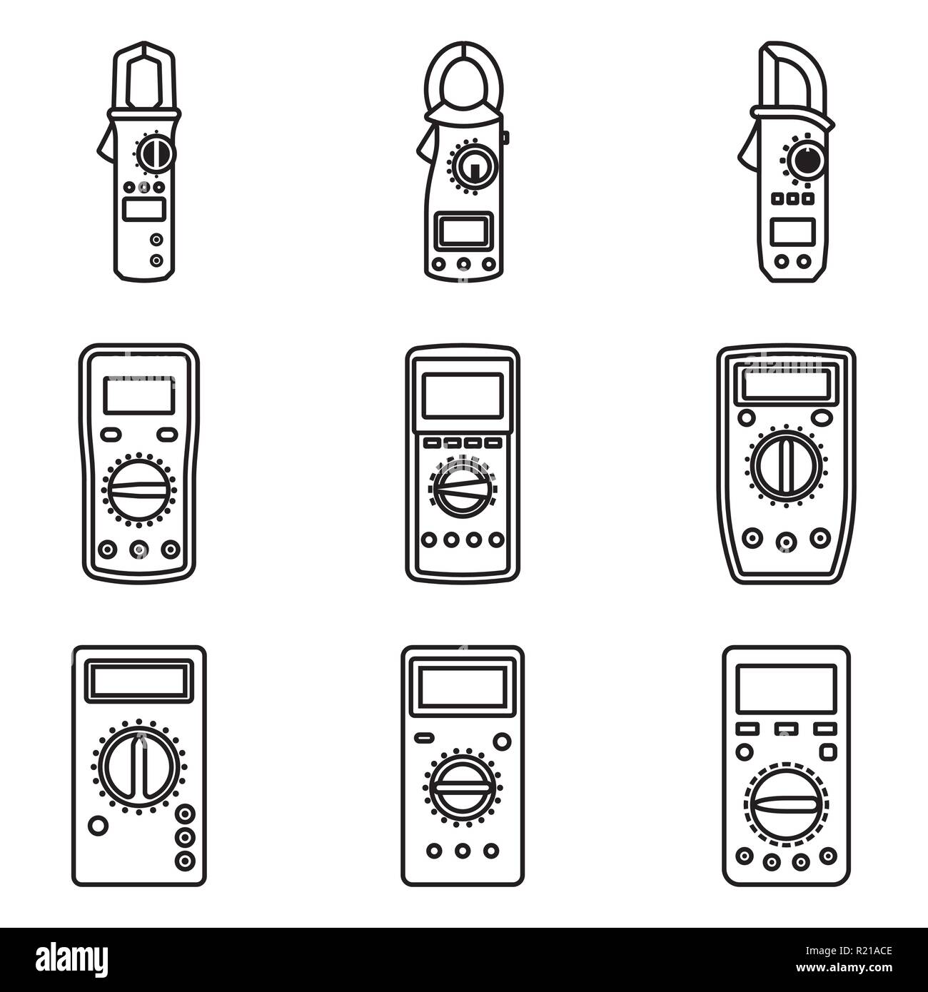 Digital multimeter icon set. Measuring instrument. Thin line vector ... Digital multimeter icon set. Measuring instrument. Thin line vector ...