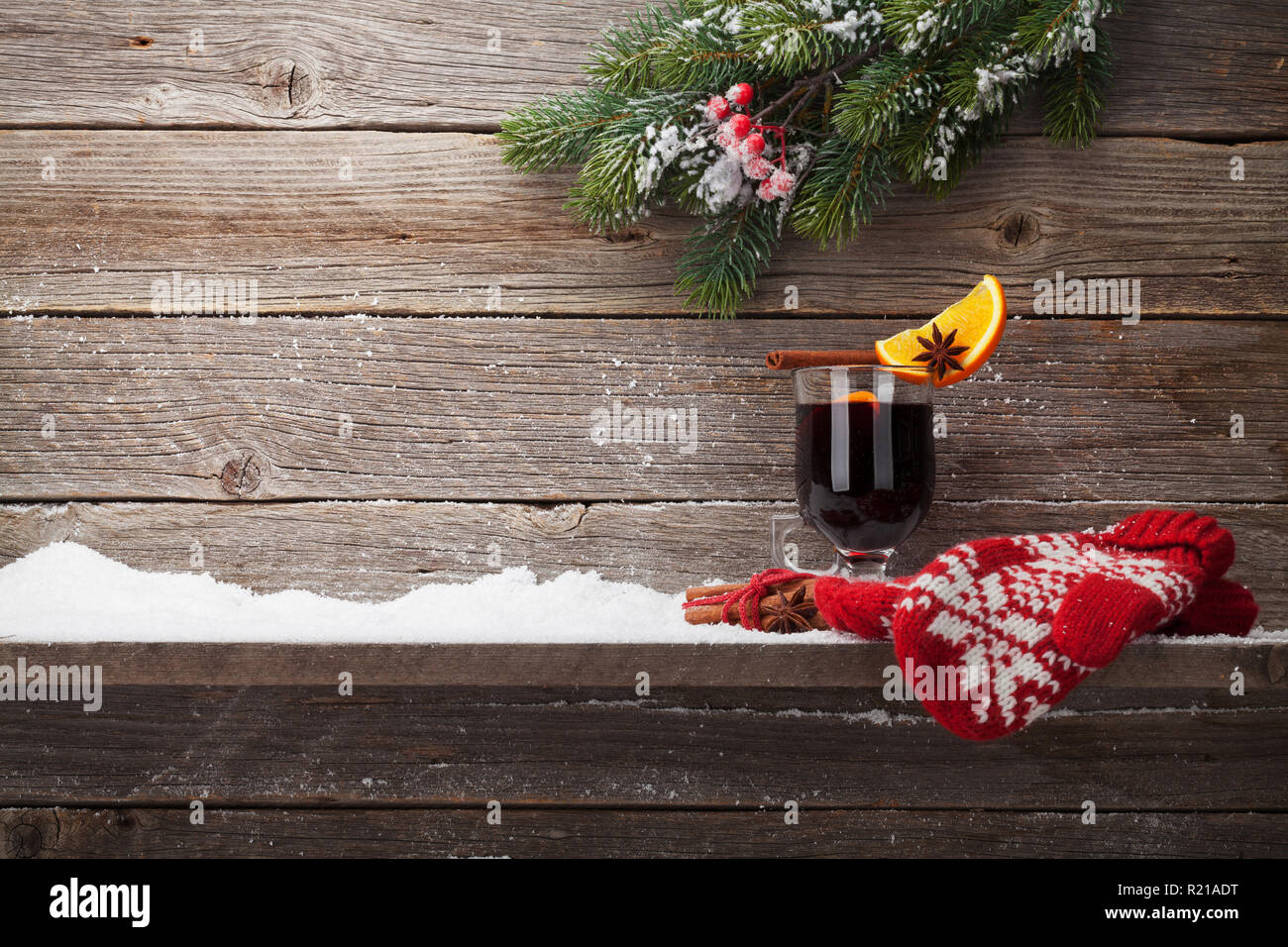 Christmas card with mulled wine hot drink, decor and xmas fir tree ...